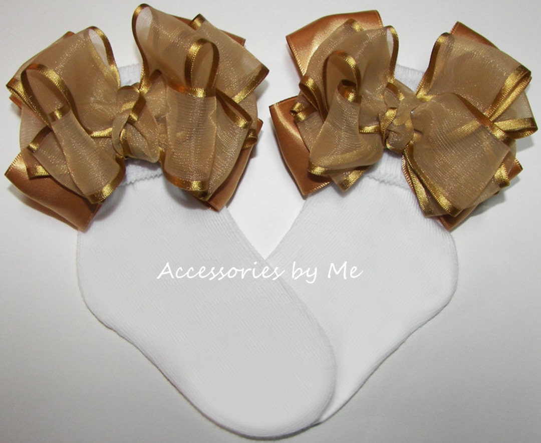 Girls Gold Bow Socks, Holiday Gold Bow Socks, Gold Organza Satin Trim ...