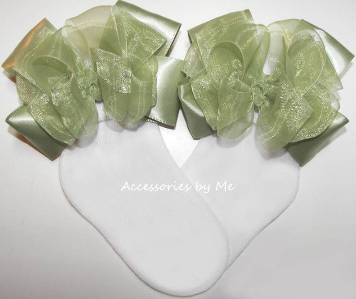 Flower Girl Socks Green Bow Socks Sage Green Organza Satin | Etsy