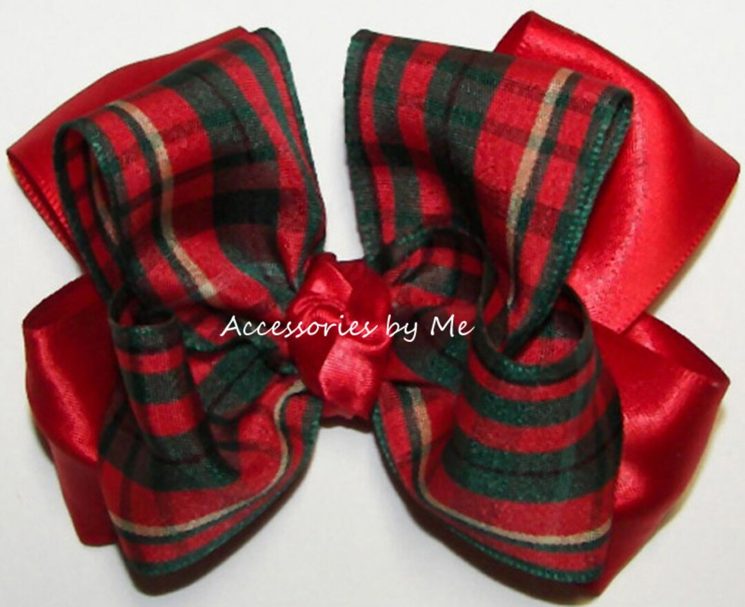 Girls Plaid Hair Bow, Red Green Plaid Bow, Christmas Green Red Plaid Satin Bow Barrette, Toddler ...