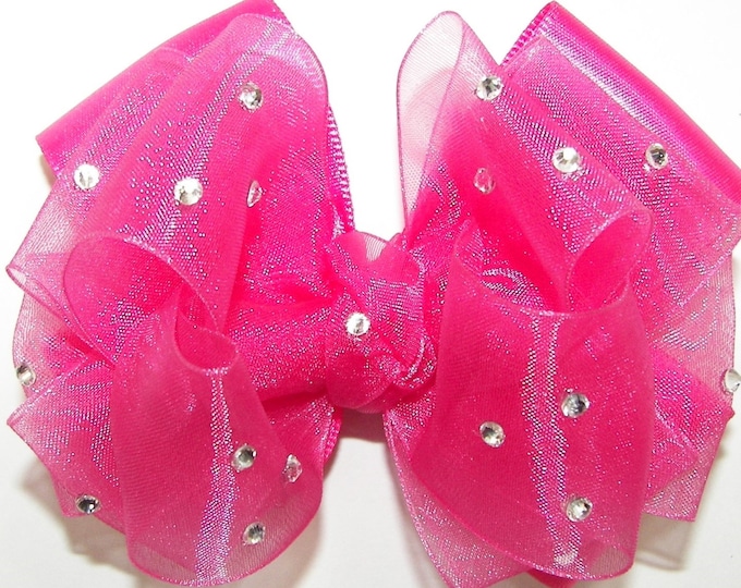 Glitzy Hot Pink Bow, Pageant Hot Pink Hair Clip, Embellished Hot Pink ...