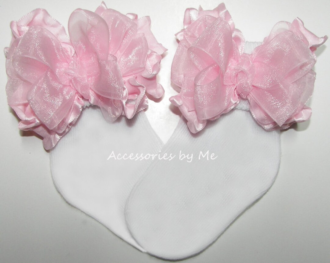 Pink Ruffle Bow Socks, Frilly Pink Bow Socks, Light Pink Organza Ruffle ...