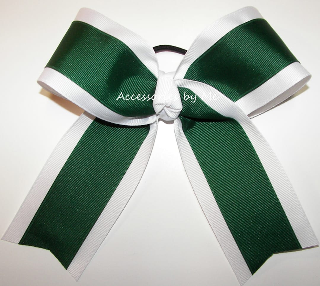 Green Cheer Bow, Green White Ponytail Bow, Forest Green White High Pony ...