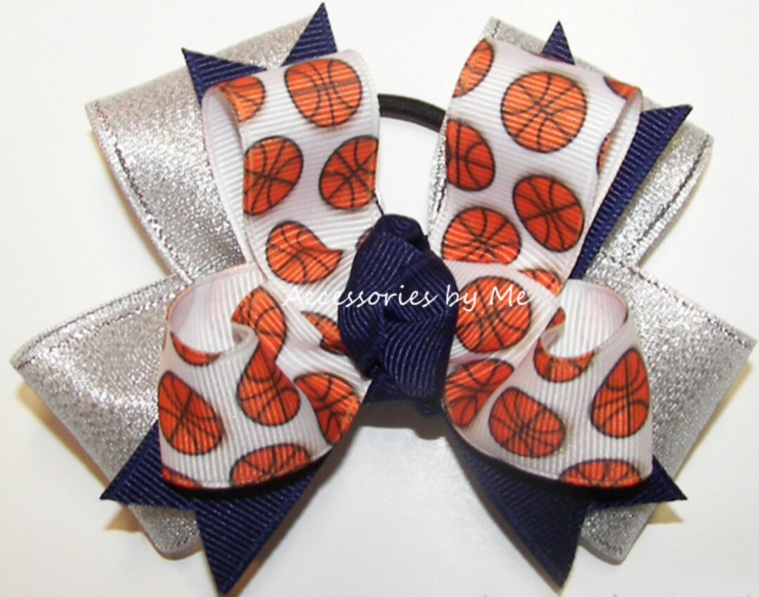 Basketball Navy Blue Silver Ponytail Bow, Team Color Choice, Girls Hair ...