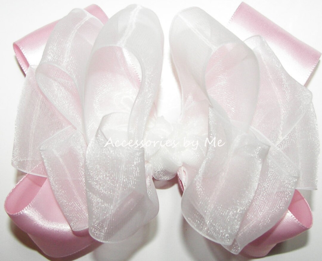 Frilly Pink White Hair Bow, Light Pink White Hair Clip, White Sheer ...