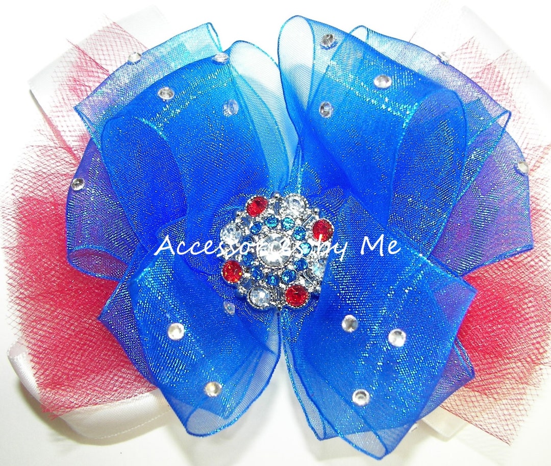 Glitzy Patriotic Bow, USA Patriotic Tutu Clip, Red White Blue Organza ...