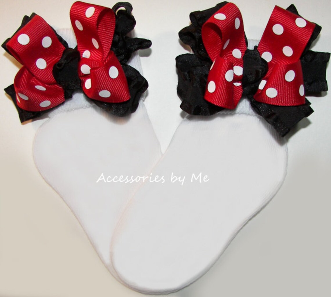 Minnie Mouse Socks, Red Black Bow Socks, Minnie Mouse Ruffle Bow Socks ...