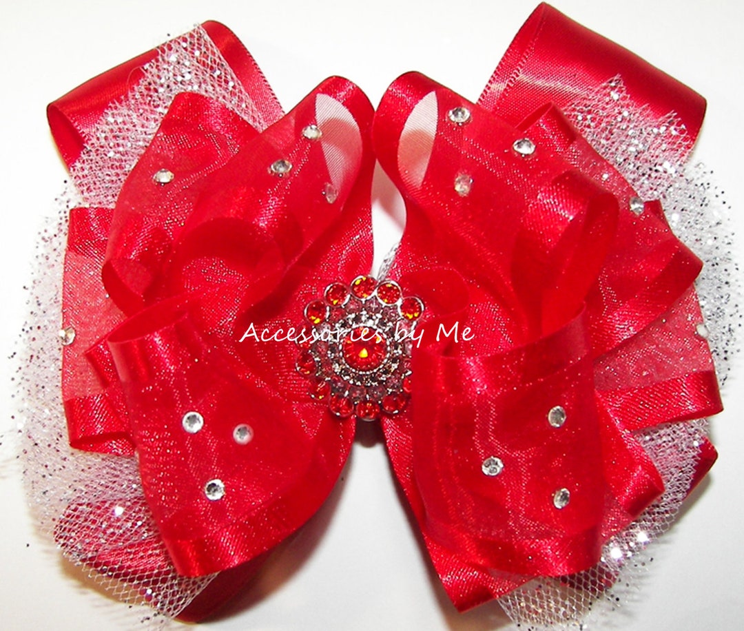 Glitzy Red Hair Bow, Red Tutu Hair Bow, Rhinestones Red Organza Satin ...