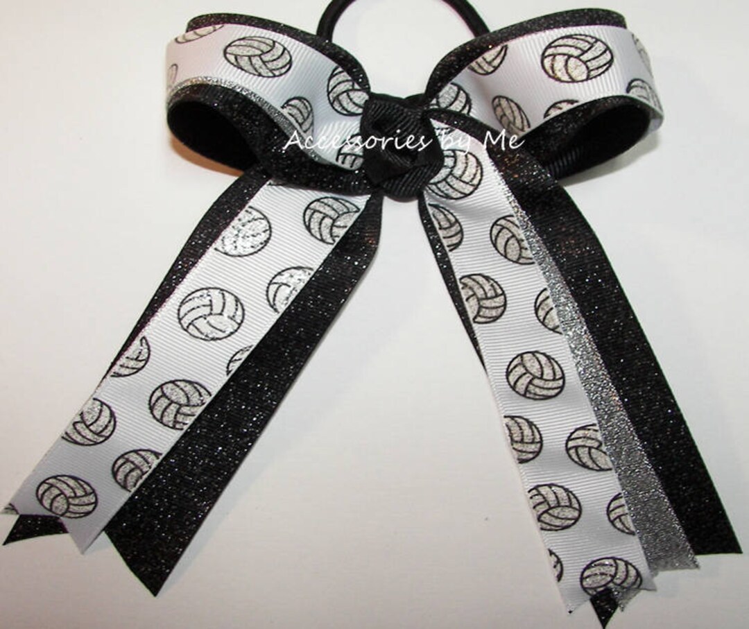 Glitter Volleyball Black Silver Ponytail Bow, Volley Ball Ribbon Hair ...