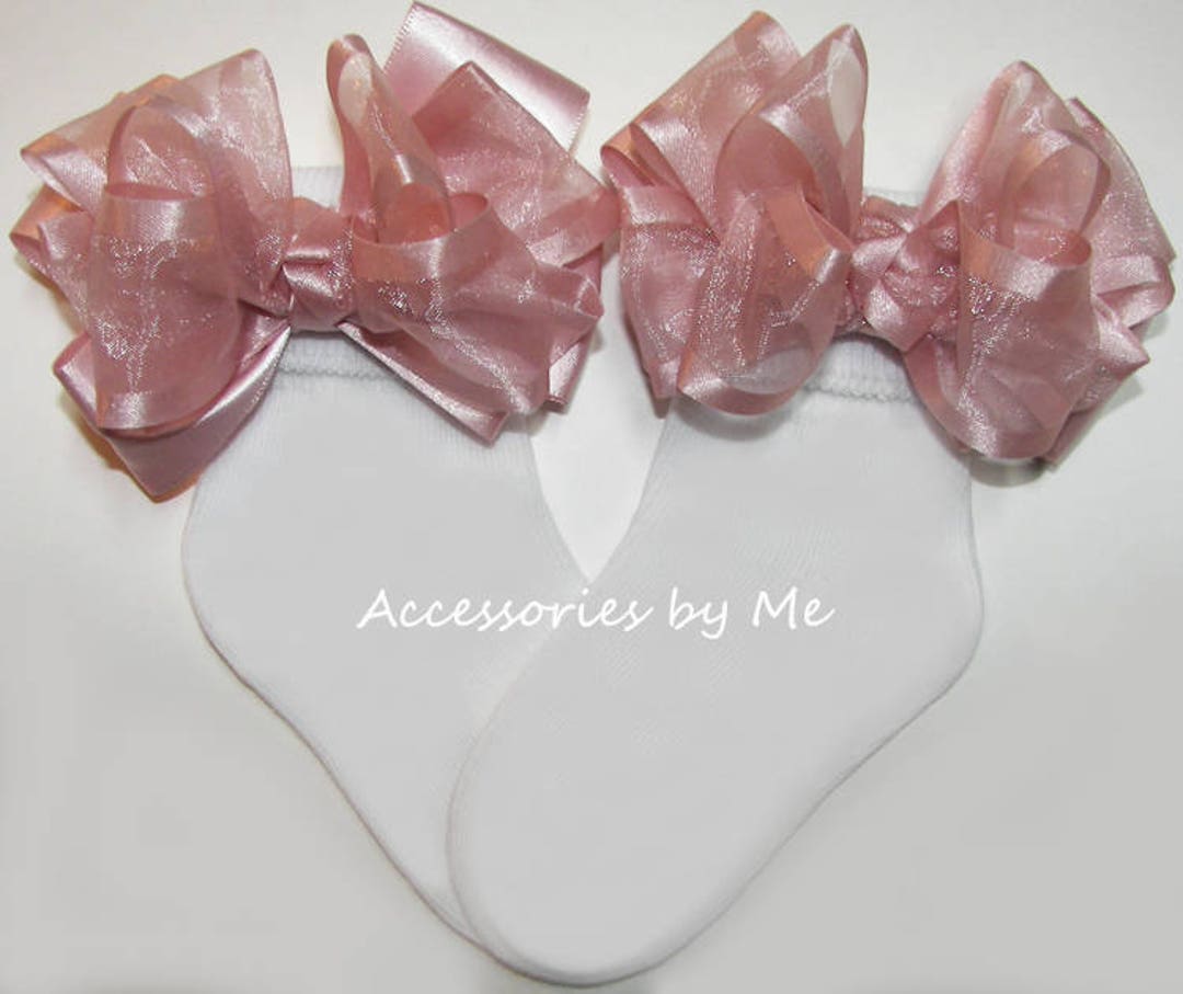 Blush Pink Socks, Mauve Trim Bow Socks, Blush Pink Organza Satin Bow ...