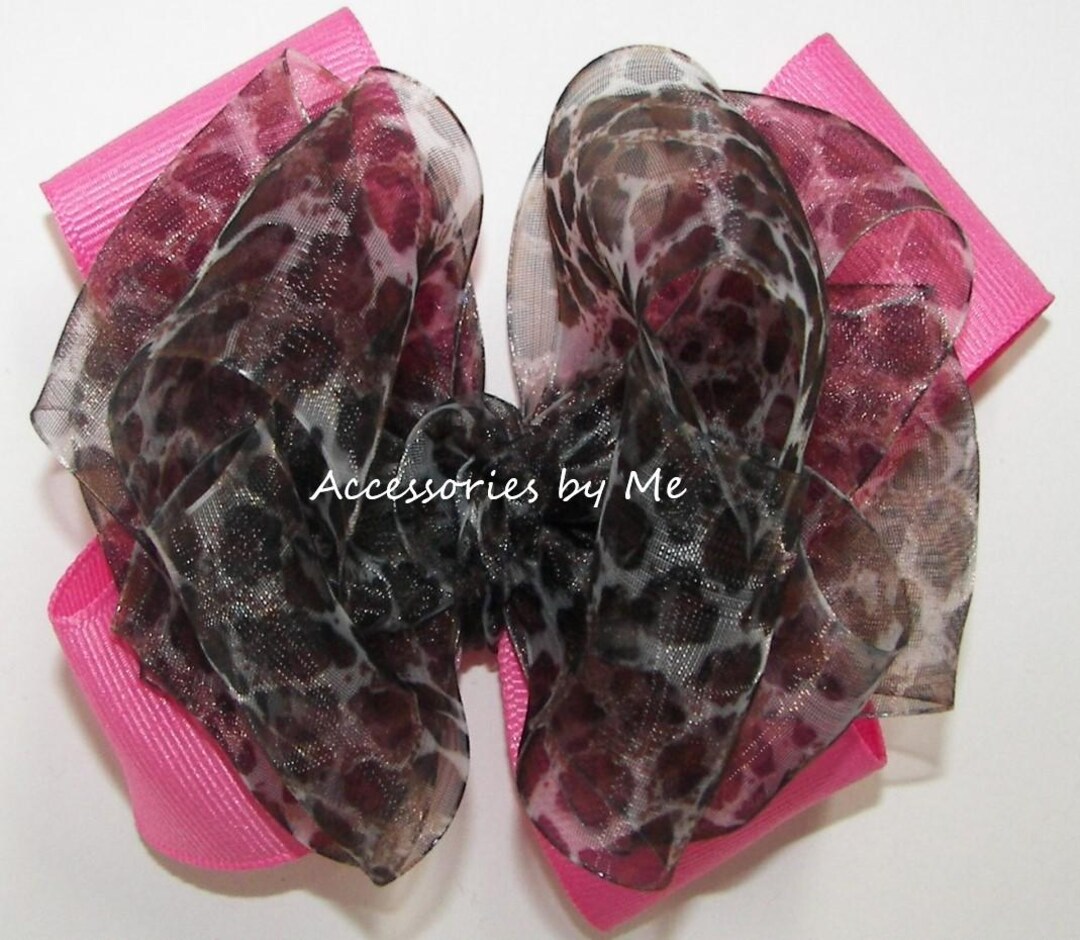 Leopard Organza Hot Pink Hair Bow, Safari Print Brown Black Hot Pink ...