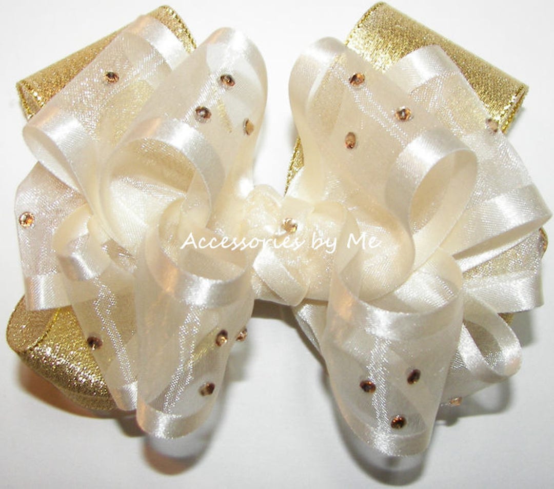 Glitzy Ivory Gold Bow, Pageant Ivory Gold Bow Clip, Sparkly Ivory Gold ...