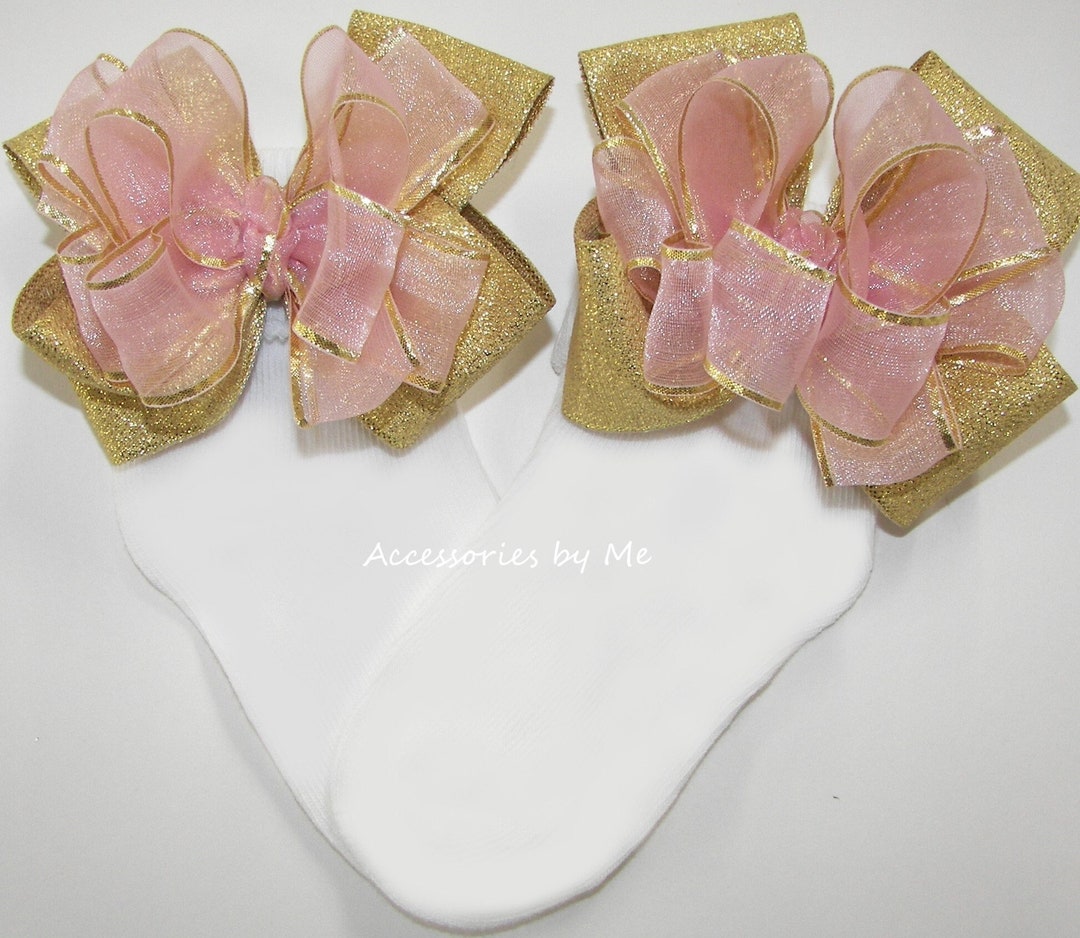 Blush Pink Bow Socks, Pink Gold Socks, Blush Pink Gold Organza Metallic ...