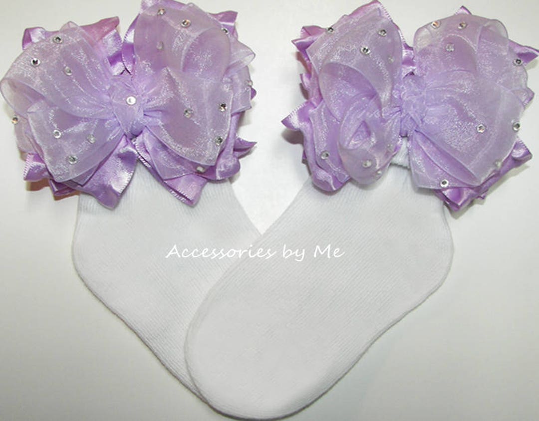 Glitzy Lavender Organza Ruffle Bow Socks, Baby Girls Frilly Pageant ...