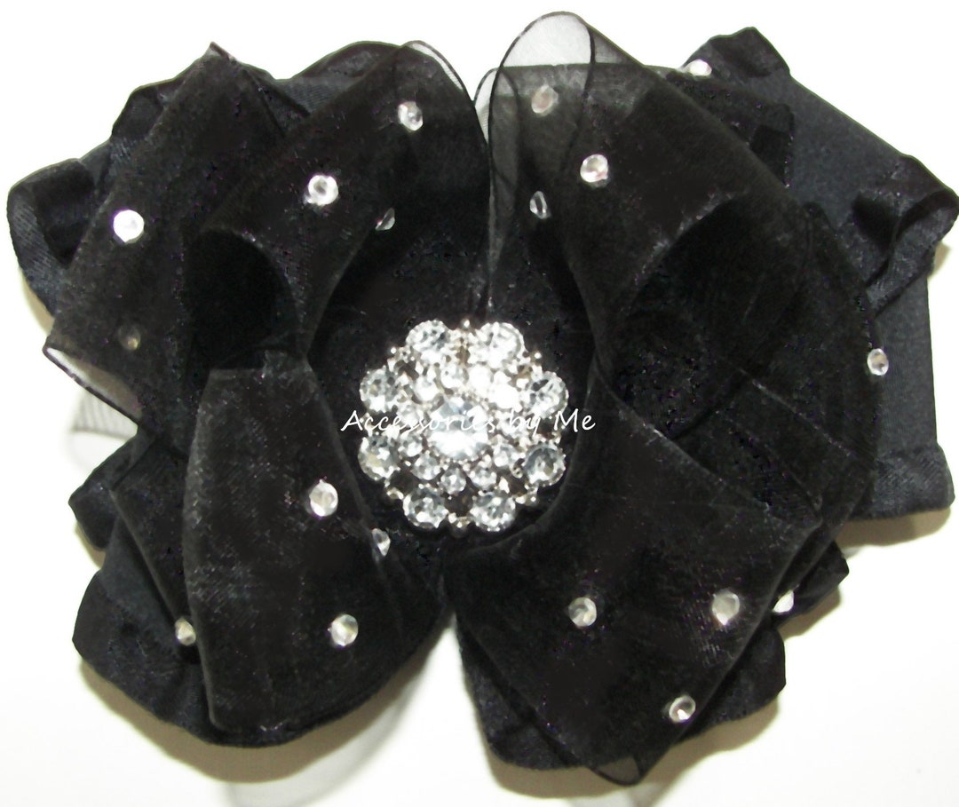 Glitzy Black Ruffle Bow, Pageant Black Clip, Black Organza Ruffle Hair ...