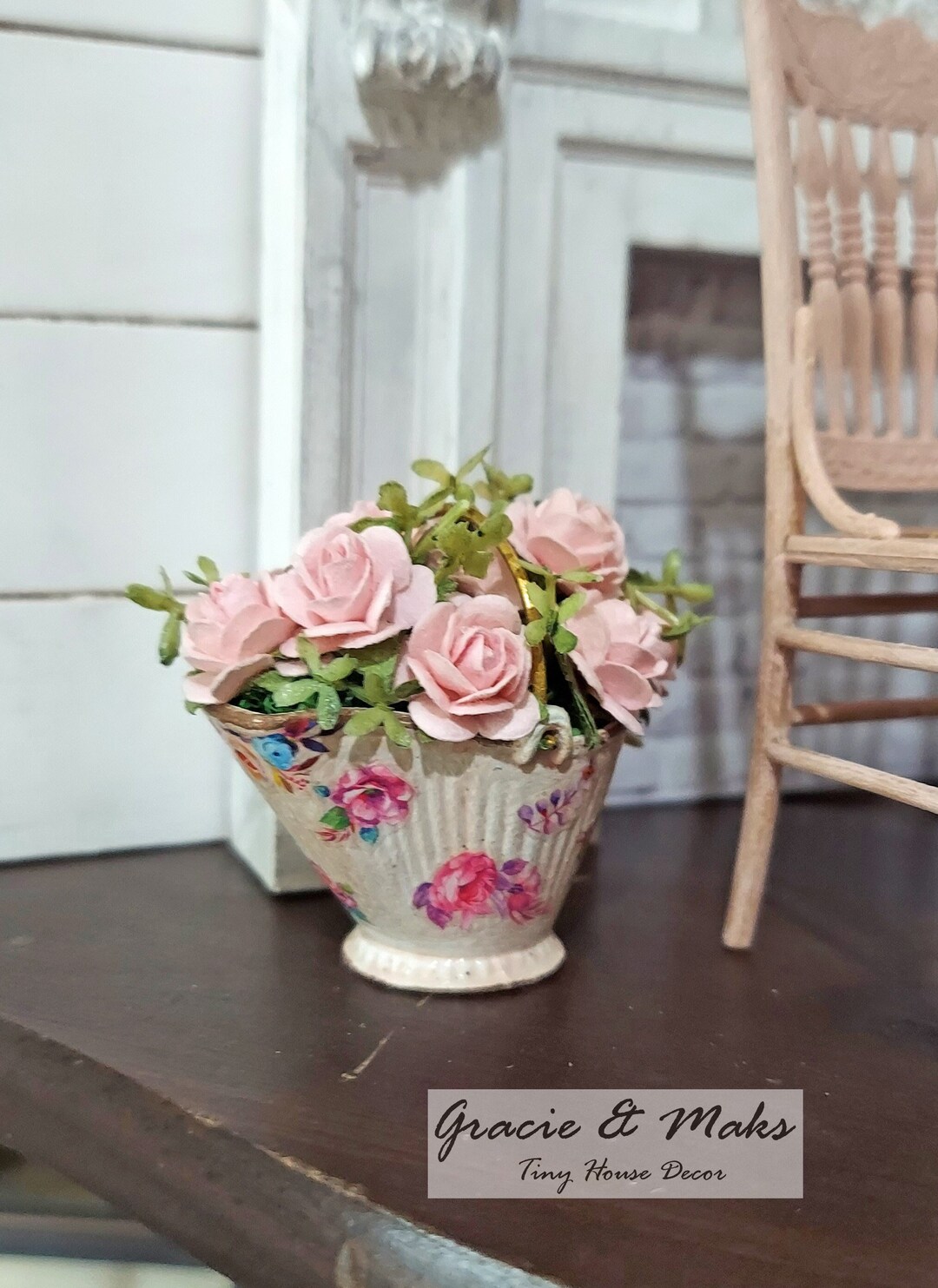1:12 Miniature - Shabby - Cottage Core - Springtime Roses in a Pink ...