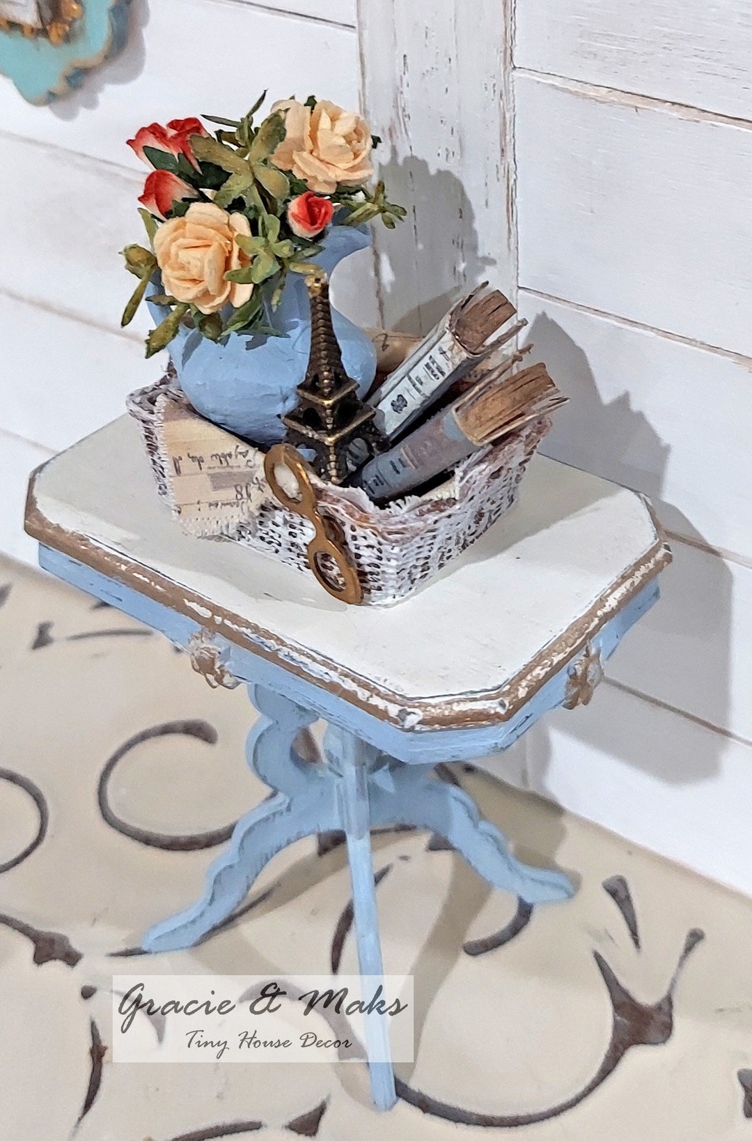 1:12 Miniature Shabby Cottage Core Basket With Pitcher of Flowers Tea ...