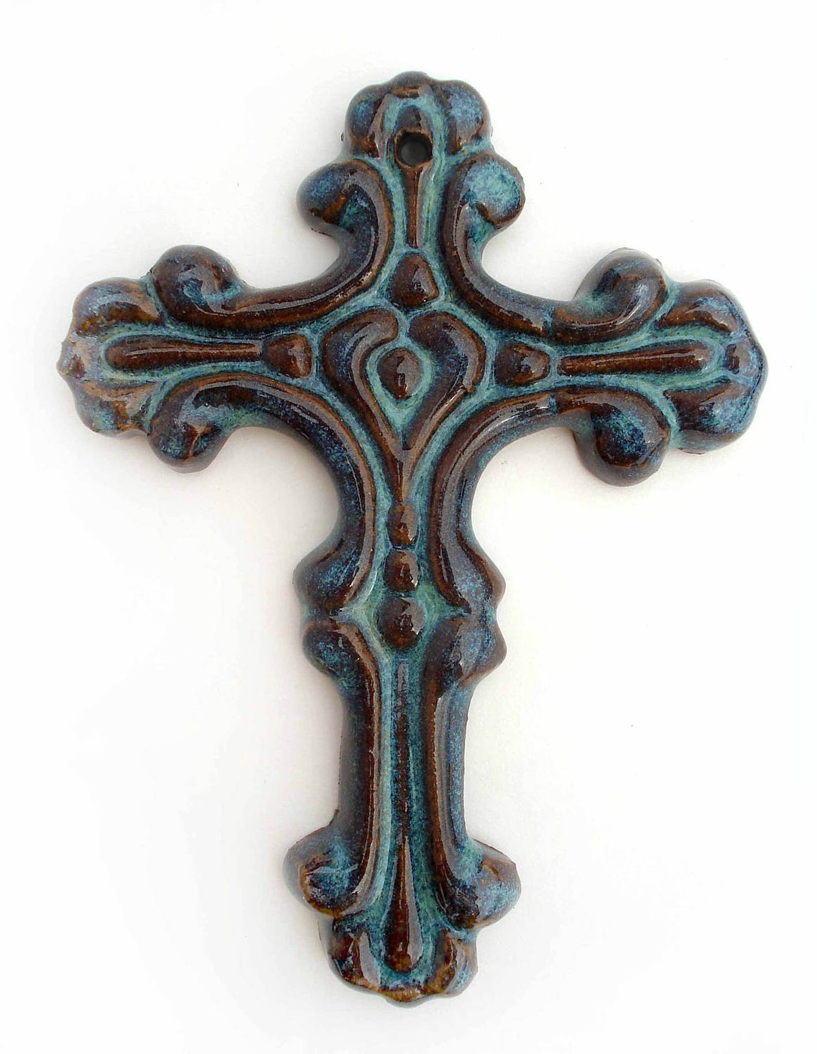 Small Pottery Cross Brown and Teal Stoneware Christian Home - Etsy