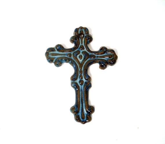 Blue pottery cross Ceramic wall cross Small Christian gift | Etsy