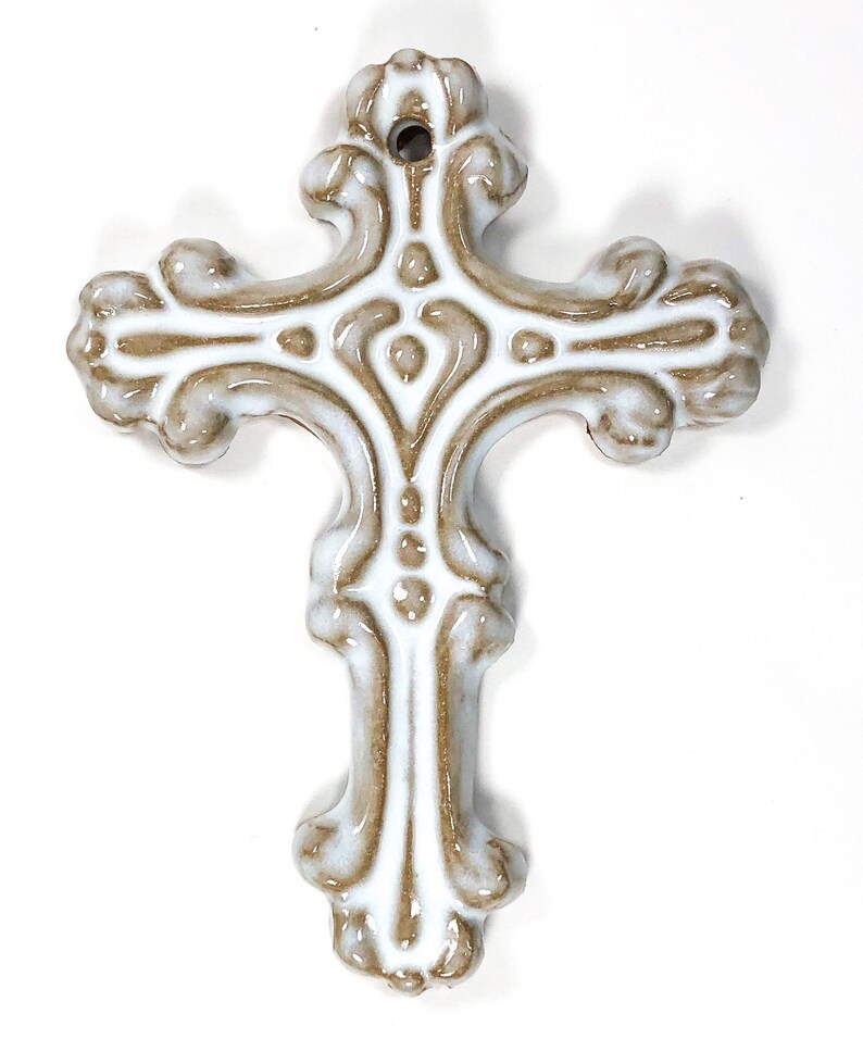 Little Stoneware Cross: White and Brown Ceramic Christian Ornament - Etsy