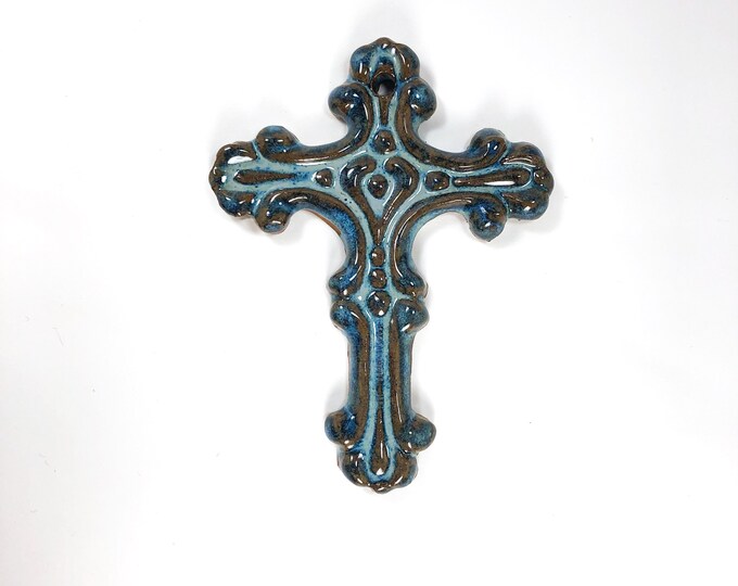 Blue Pottery Cross, Ceramic Wall Cross, Small Christian Gift, Christmas ...