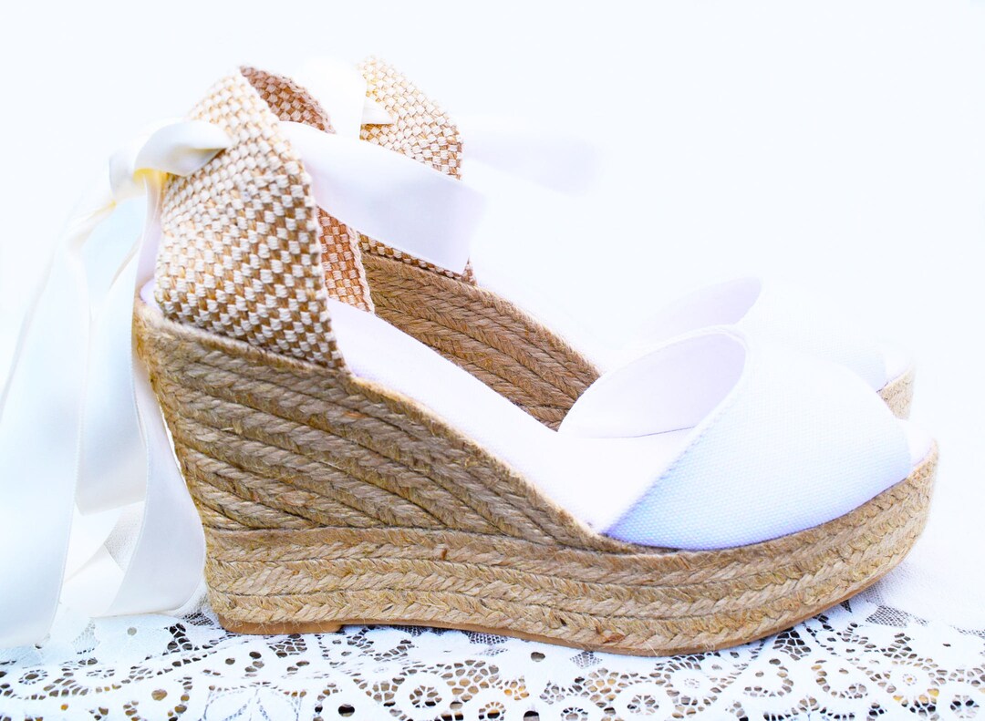 ANNA Peep Toe Platform WHITE Wedge Lace up Espadrille Boho - Etsy