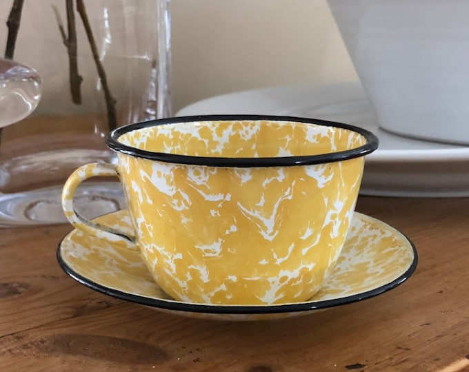 Vintage Yellow Spatter Enamelware Mug and Saucer Yellow and White ...