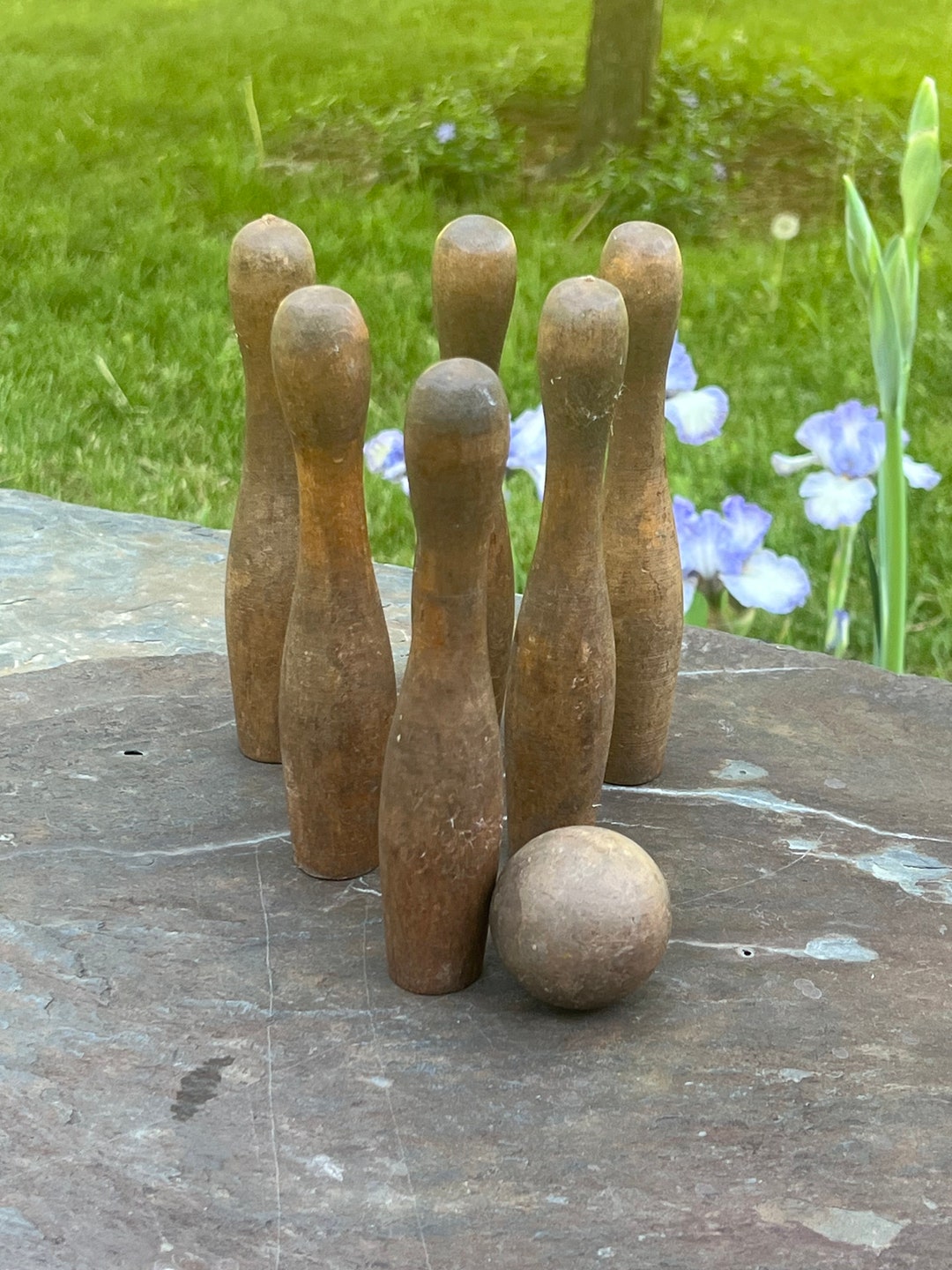 Antique Wooden Table Top Bowling Pins and Ball Skittles - Etsy