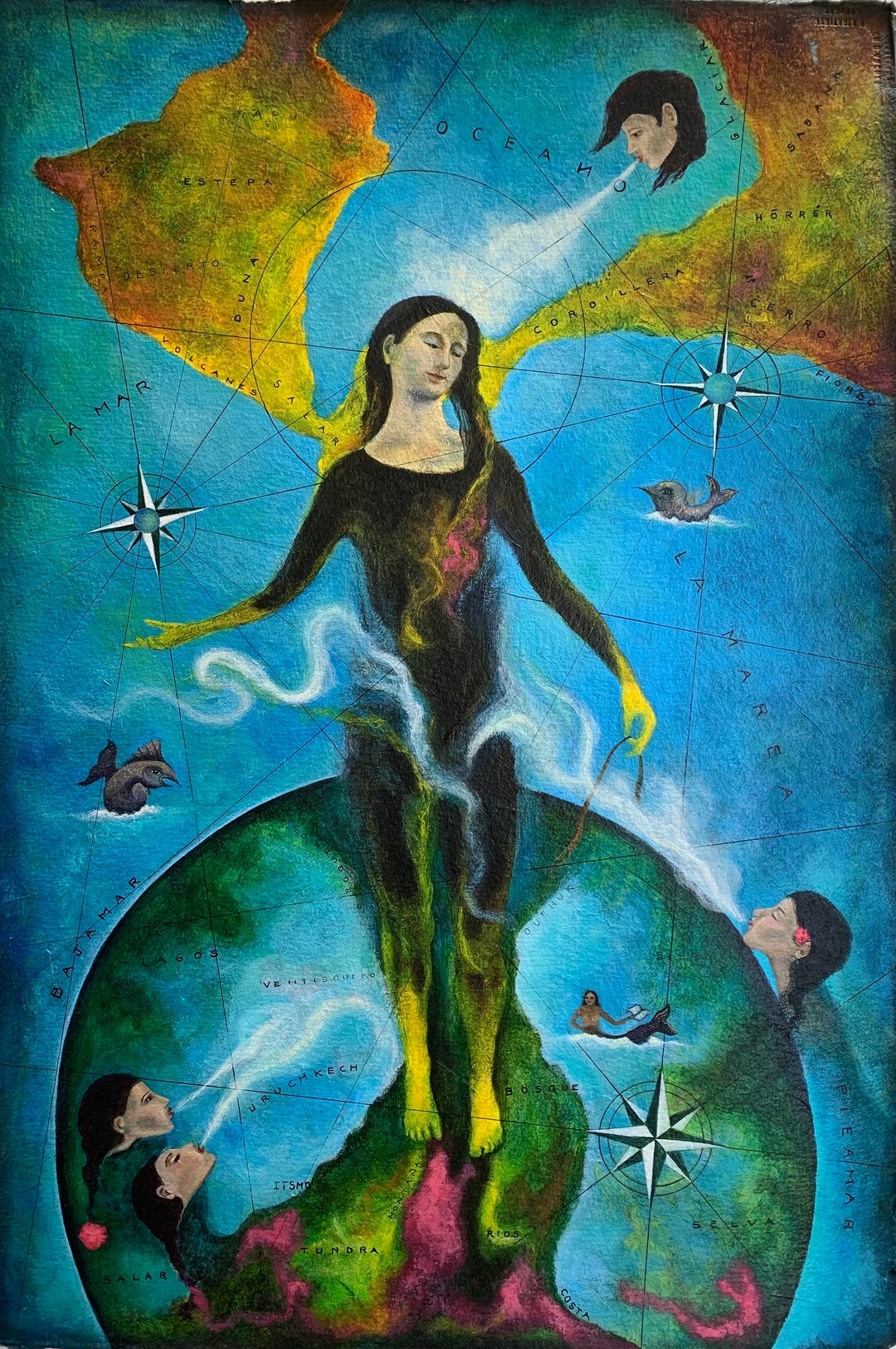 Original Oil Painting on Paper, Ocean Woman on a Map Geography Inspired ...