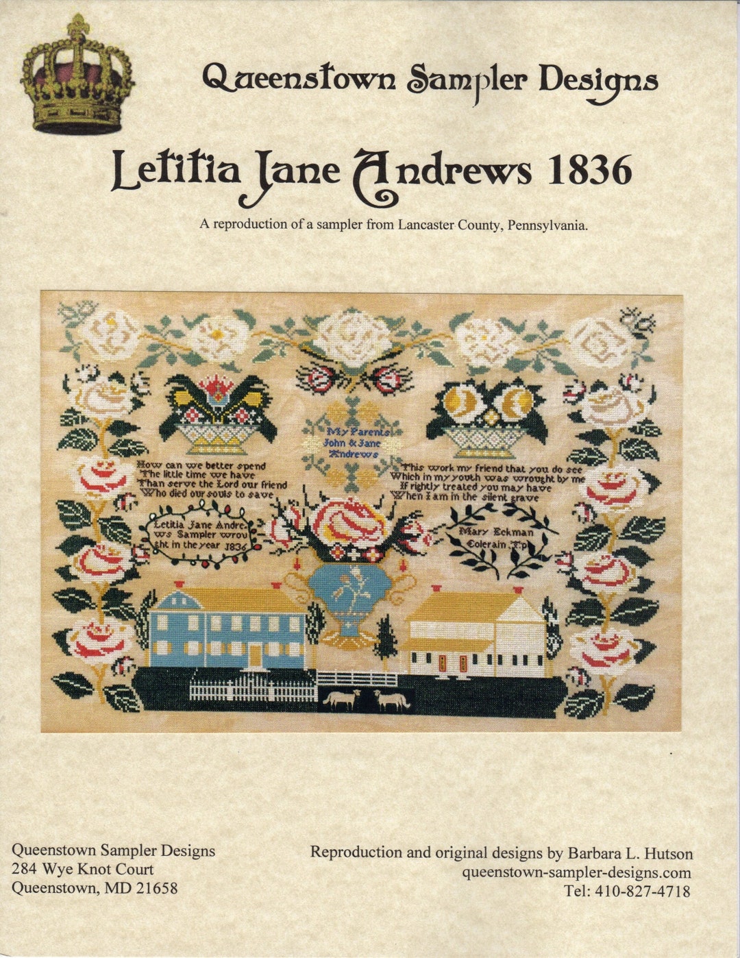 Letitia Jane Andrews 1836 Reproduction Sampler by Queenstown Sampler ...