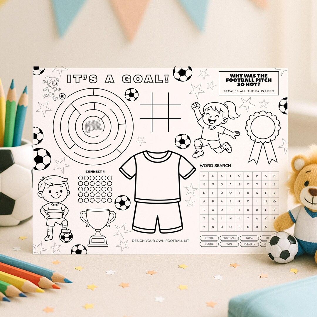 Kids Football Activity Placemat: Coloring Page, Puzzles Digital ...