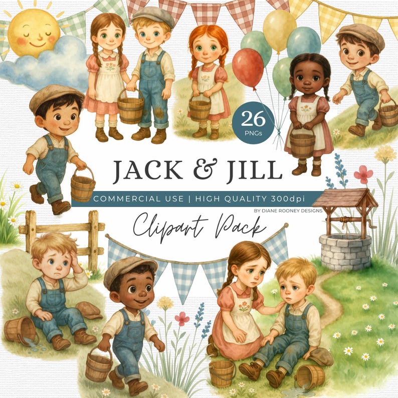 Jack and Jill Nursery Rhyme Clipart Watercolour Nostalgic Story Book ...