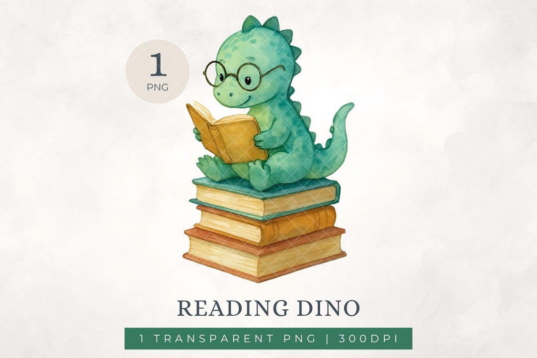 Baby Dinosaur Reading Clipart PNG Dino on a Pile of Books Reading ...