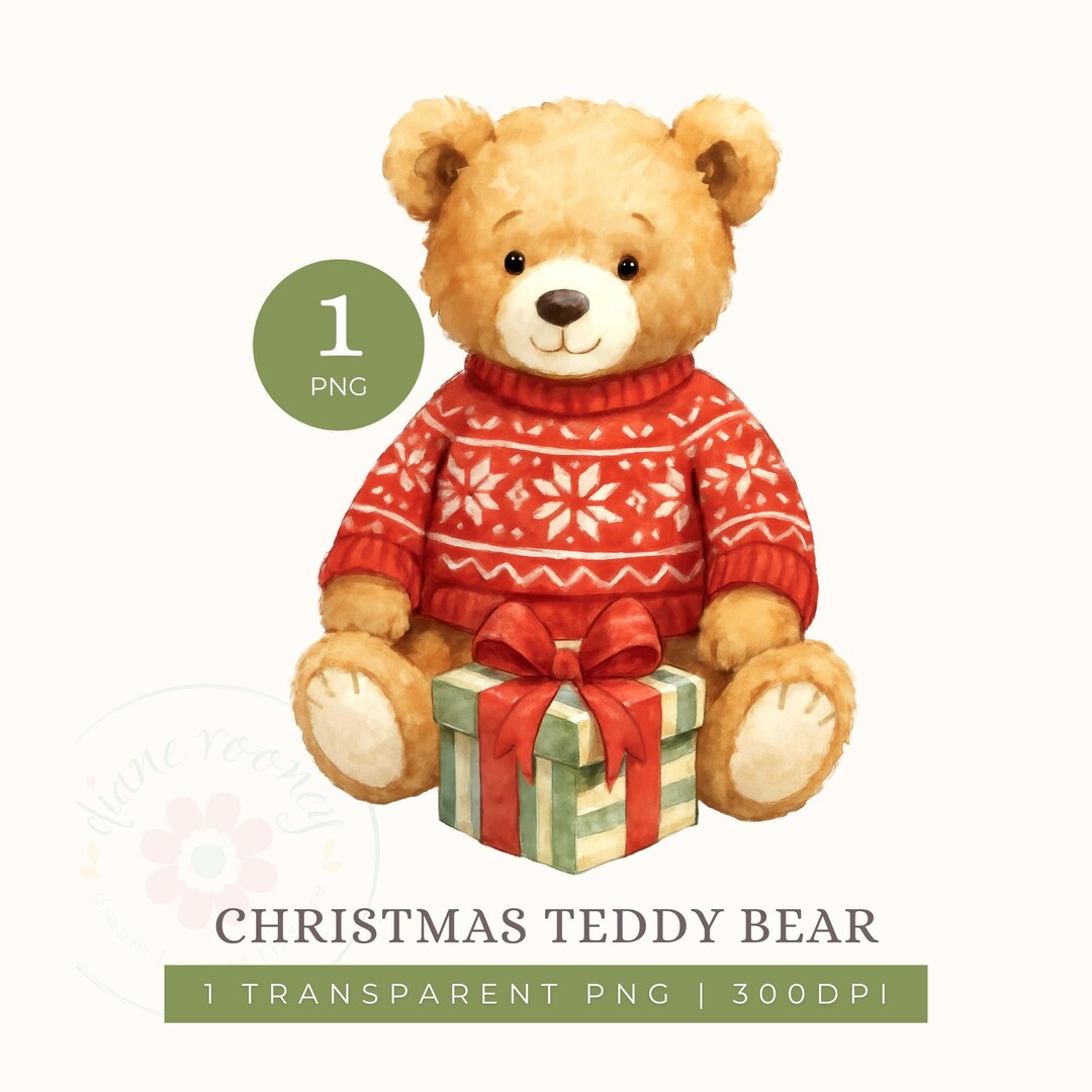 Vintage Christmas Bear Clipart, Watercolor Festive Teddy Clip Art ...
