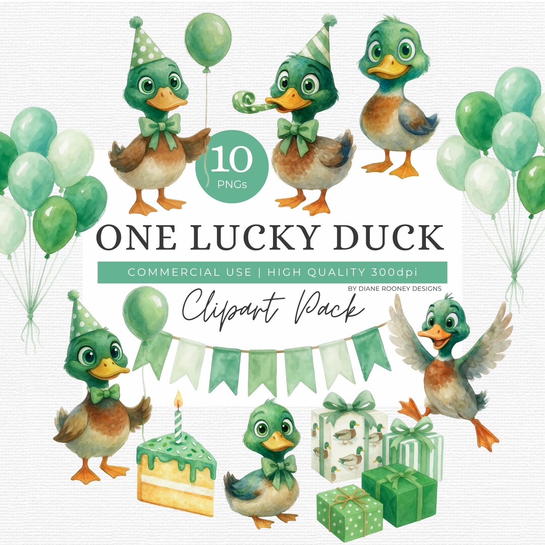 One Lucky Duck Clipart Mallard Duck Clip Art Sage Green Birthday PNG ...