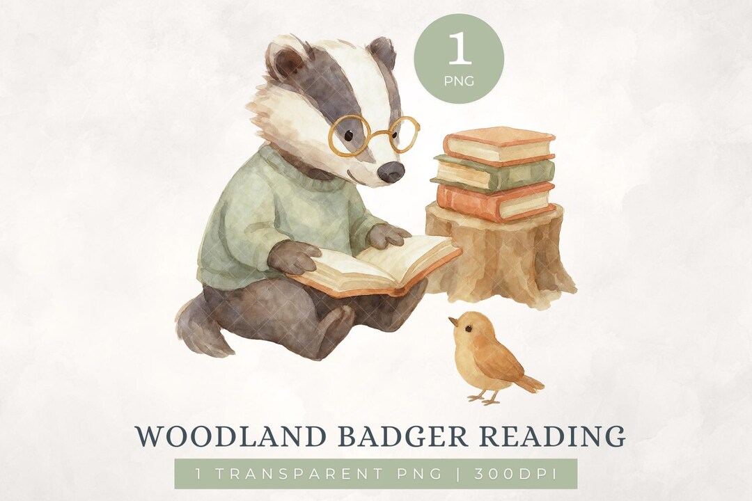 Badger Reading PNG Clipart: Watercolor Woodland Animal Digital Download ...