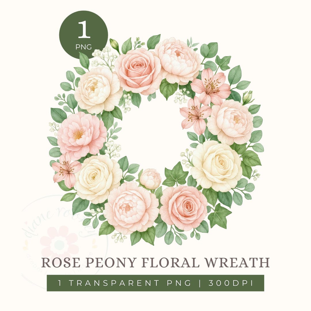 Rose Peony Floral Wreath Clipart PNG Watercolour Pink and Green Flowers ...