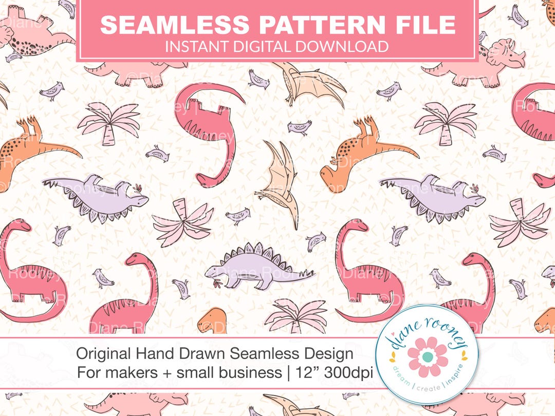 Cute Girl Dinosaur Seamless Pattern Digital Download Seamless File for ...