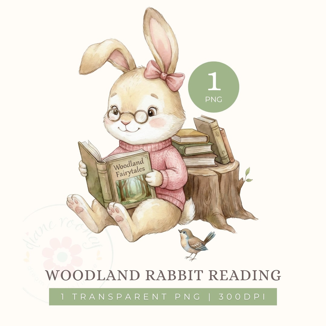 Rabbit Reading Clipart PNG Watercolor Woodland Animal Clip Art Digital ...