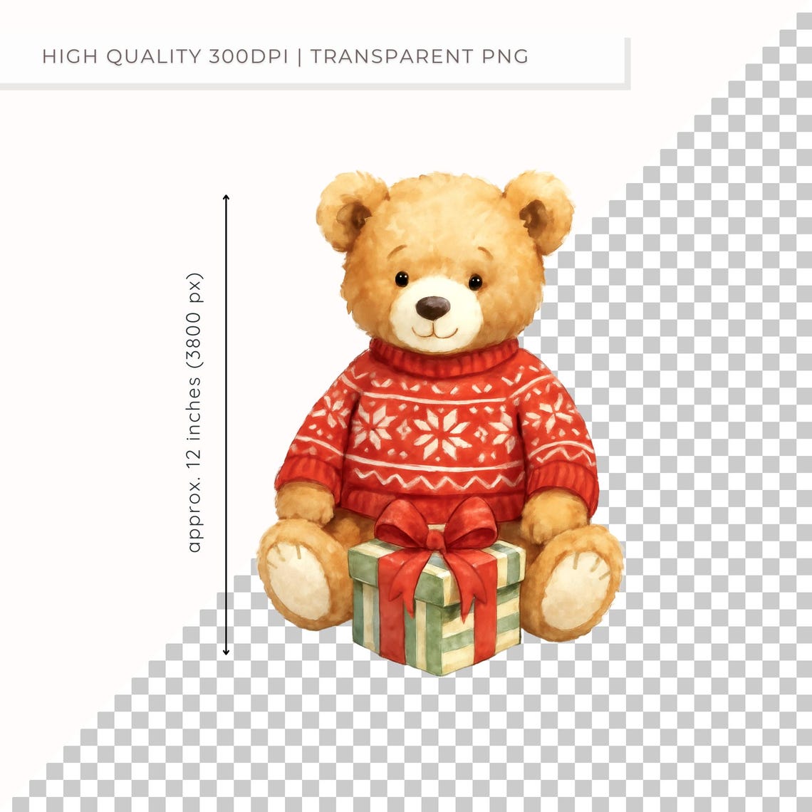 Vintage Christmas Bear Clipart, Watercolor Festive Teddy Clip Art ...