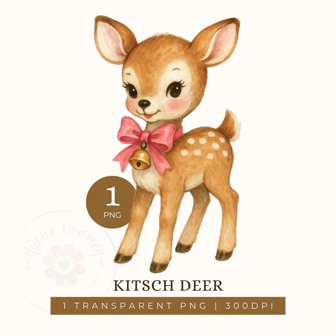 Kitsch Deer Clipart, Watercolour Retro Whimsical 1950s Clip Art PNG ...