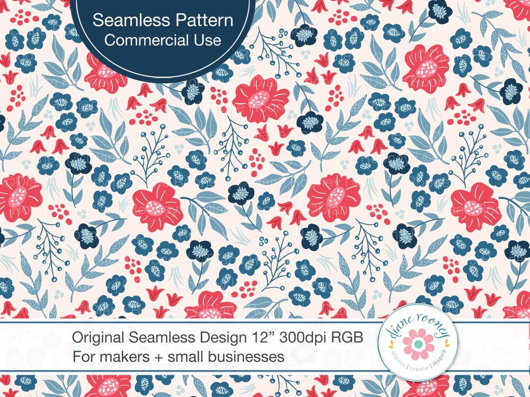 Red, White and Blue Floral Seamless Pattern for Fabric Summer July 4th ...