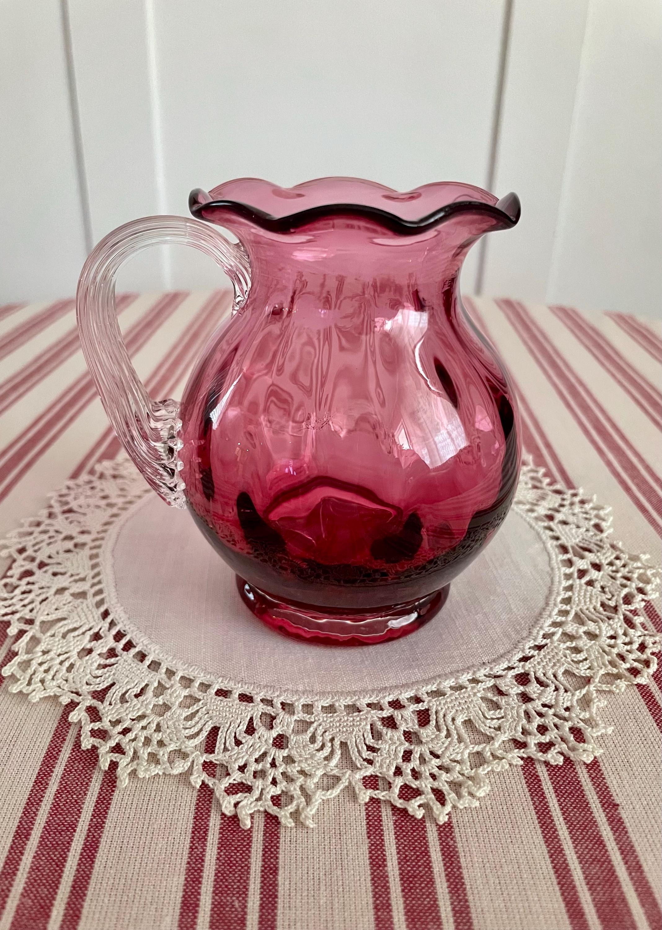 Cranberry Pilgrim Glass Pitcher With Applied Glass Handle and Ruffled ...