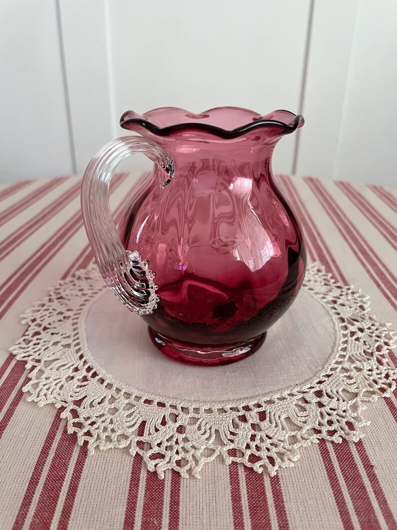Cranberry Pilgrim Glass Pitcher With Applied Glass Handle and Ruffled ...