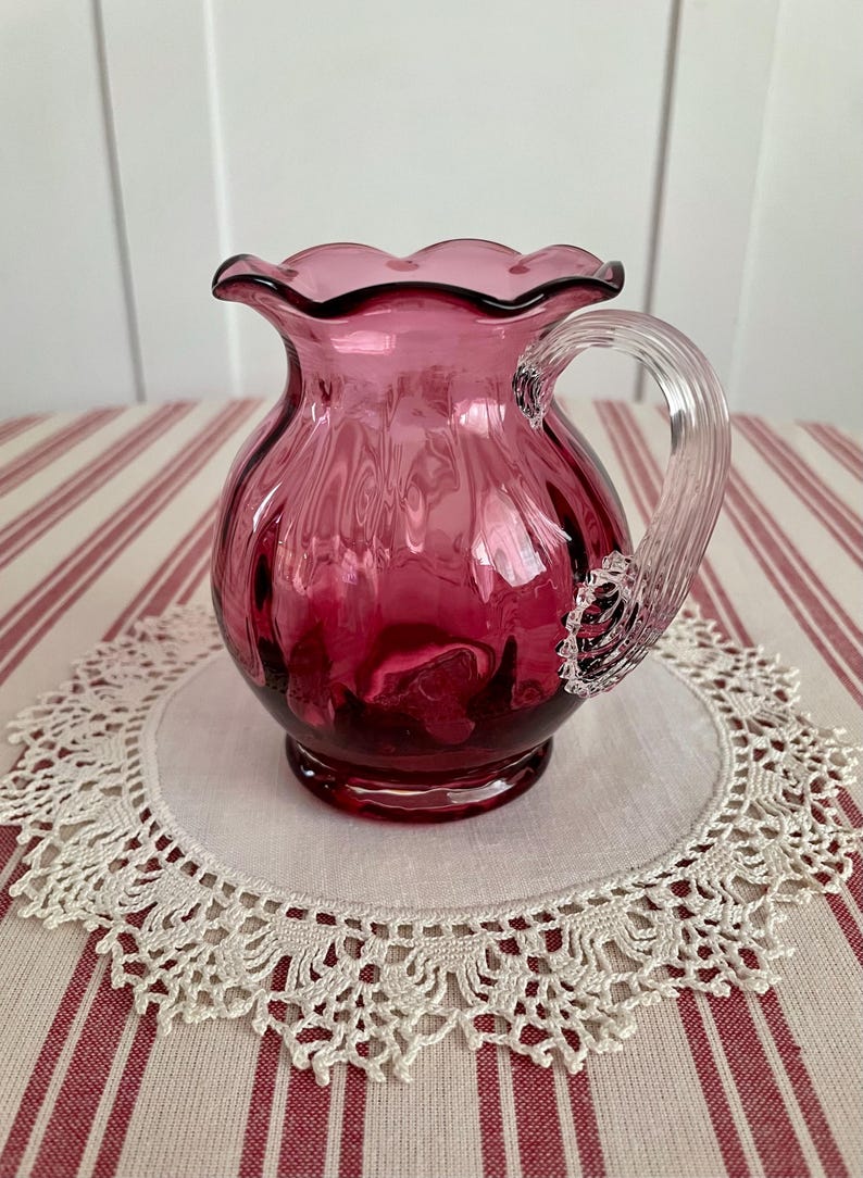 Cranberry Pilgrim Glass Pitcher With Applied Glass Handle and Ruffled ...
