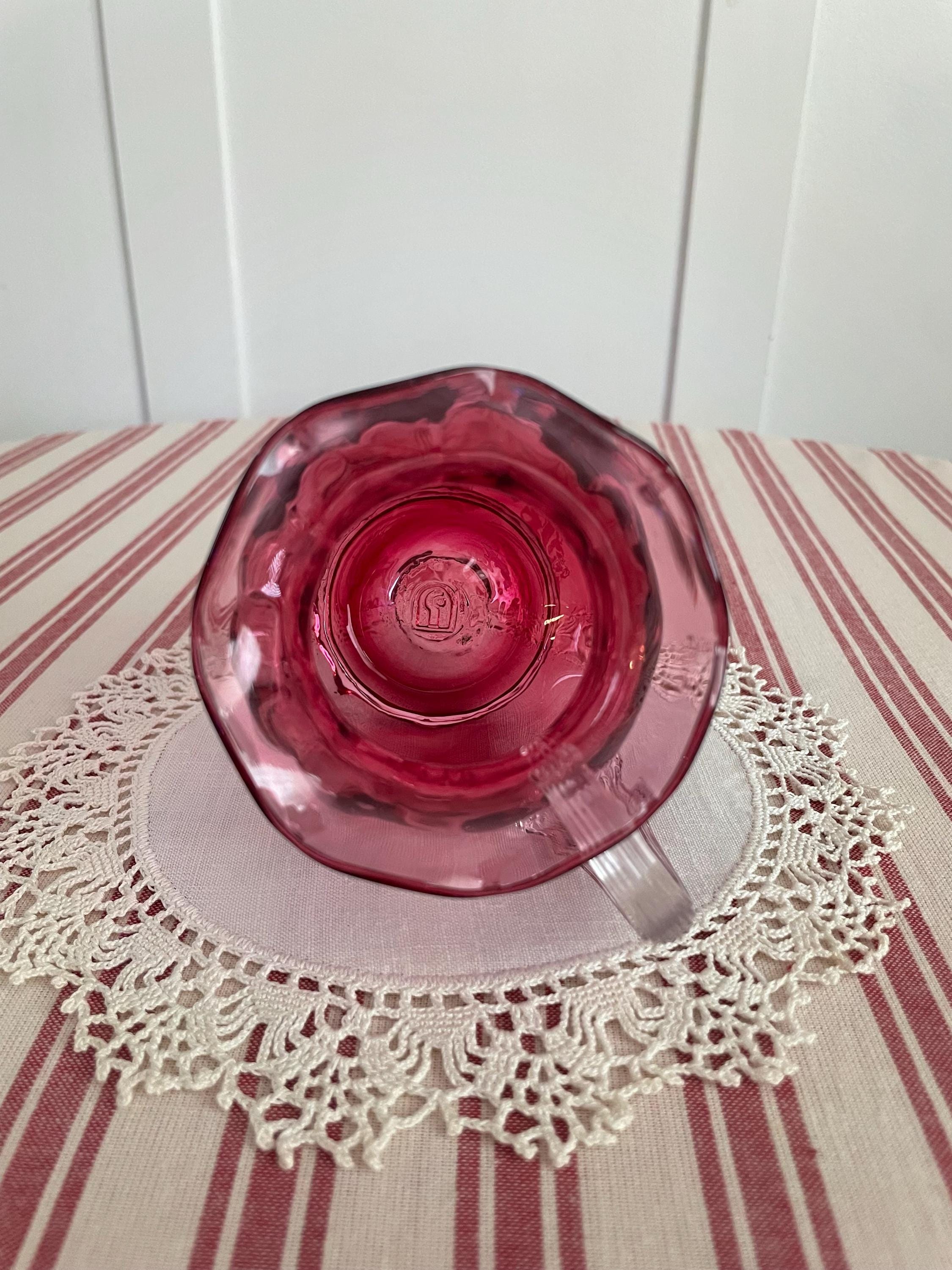 Cranberry Pilgrim Glass Pitcher With Applied Glass Handle and Ruffled ...