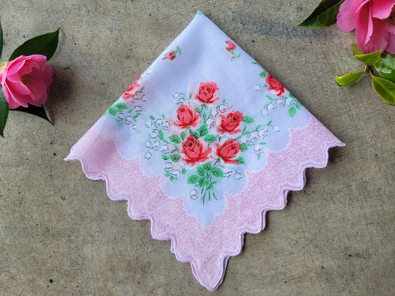 Vintage Floral Handkerchief Printed Ladies Hankie Rose Pink, Red, Green ...