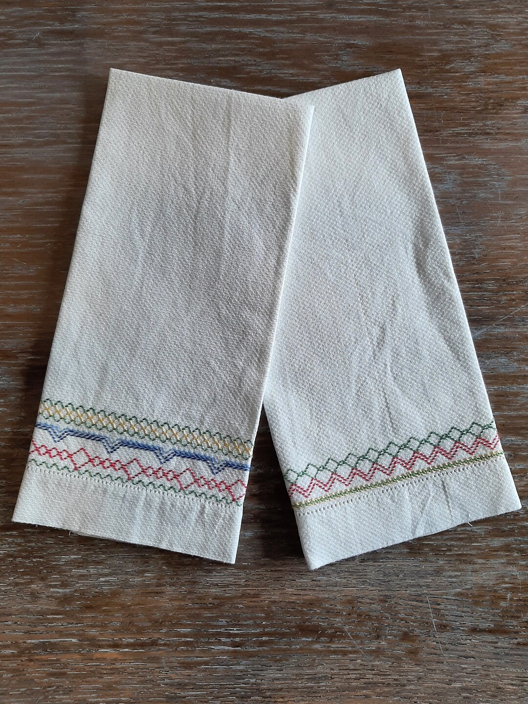 2x Vintage Huckaback Linen Hand Towels, Hand Embroidered Borders ...