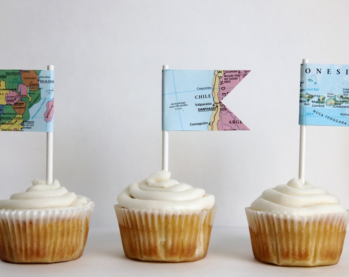Set of 12 Map Cupcake Toppers, Flag, Travel Theme - Etsy