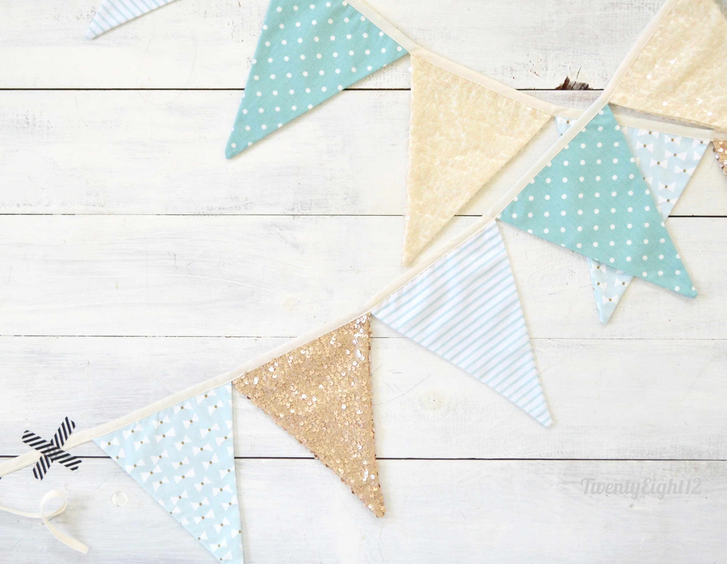 Fabric Banner Aqua Ivory Gold Bunting Pennant Birthday | Etsy