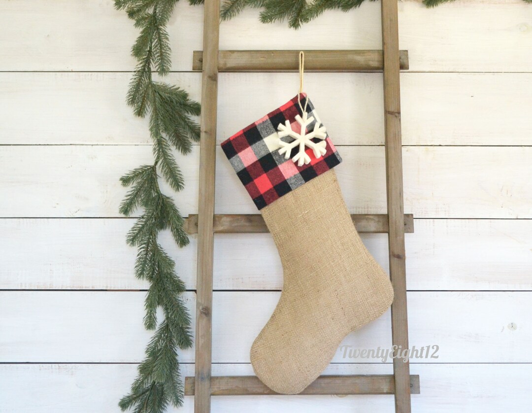 Christmas Stocking- Red, Black & White Buffalo Check Stocking - Burlap ...